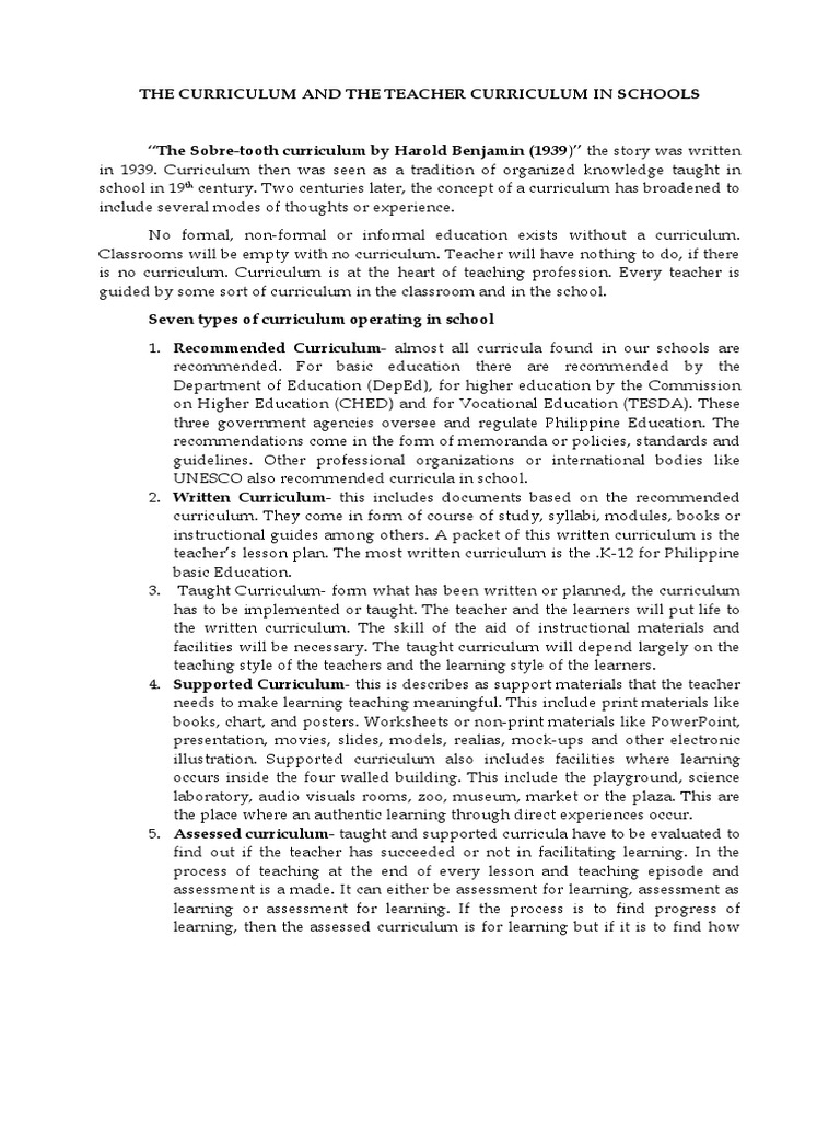 The Curriculum and The Teacher Curriculum in Schools | PDF | Curriculum ...