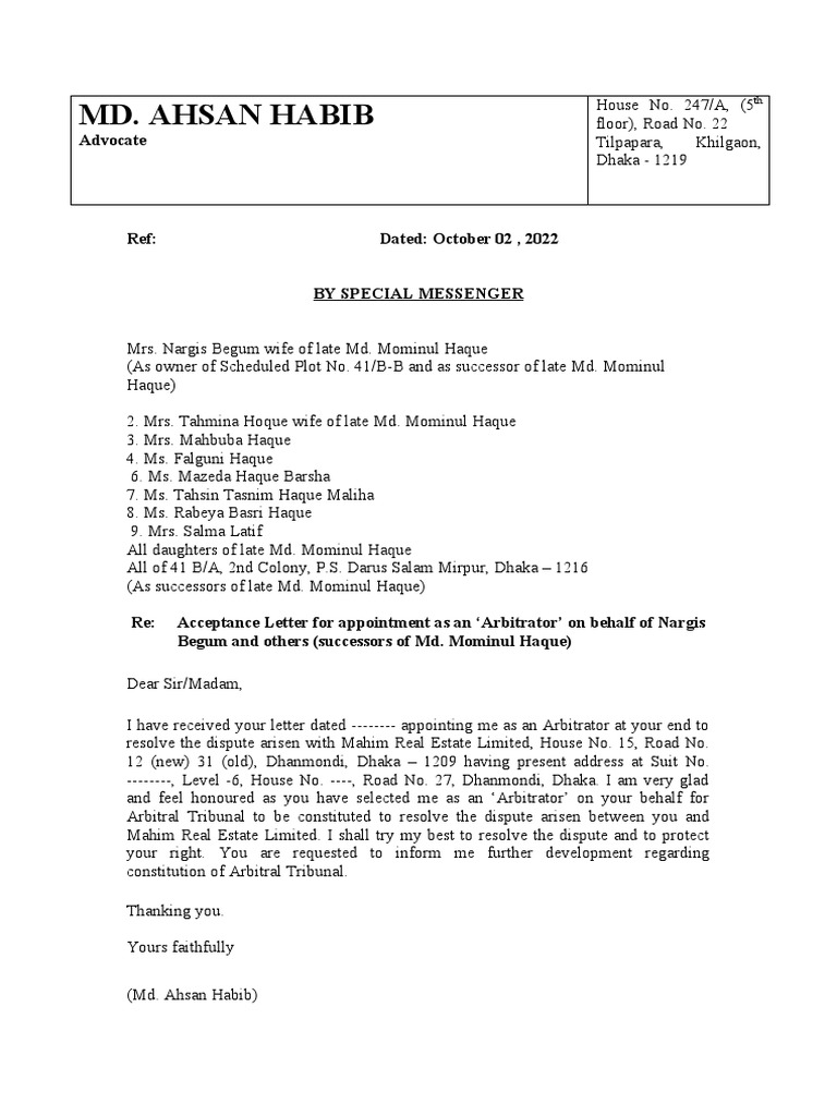 Acceptance by Arbitrator - Nargis Begum and Others | PDF