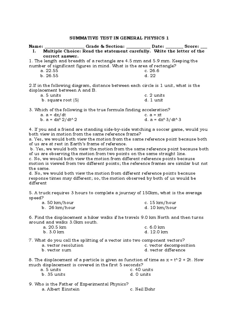 Summative Test in General Physics 1 | PDF | Science & Mathematics