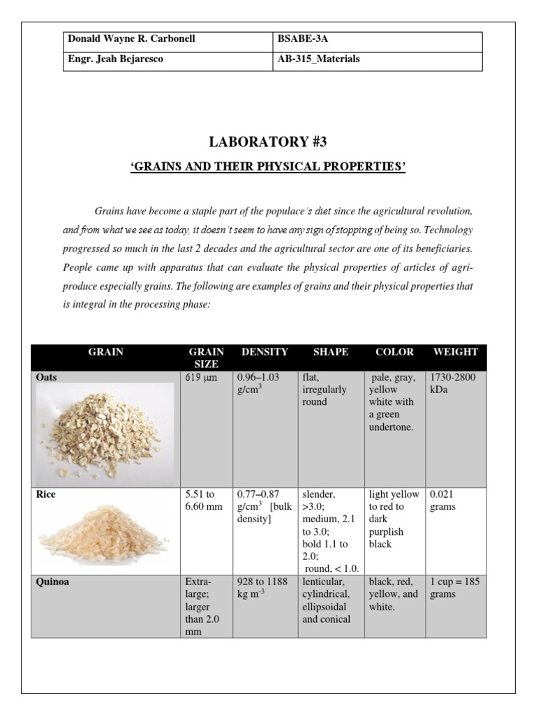Grains and Their Physical Properties | PDF | Food And Drink | Staple Foods