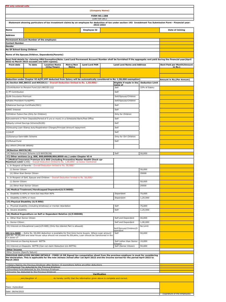 Employee Tax Deduction Form 12BB | PDF | Loans | Interest
