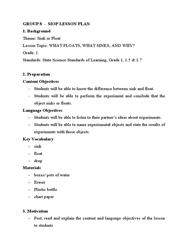 SIOP LESSON PLAN - Sink-Float | PDF | Cognitive Science | Learning