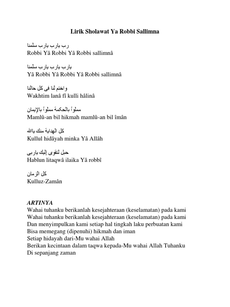 Lirik Sholawat Ya Robbi Sallimna | PDF | Seni & Disiplin Bahasa