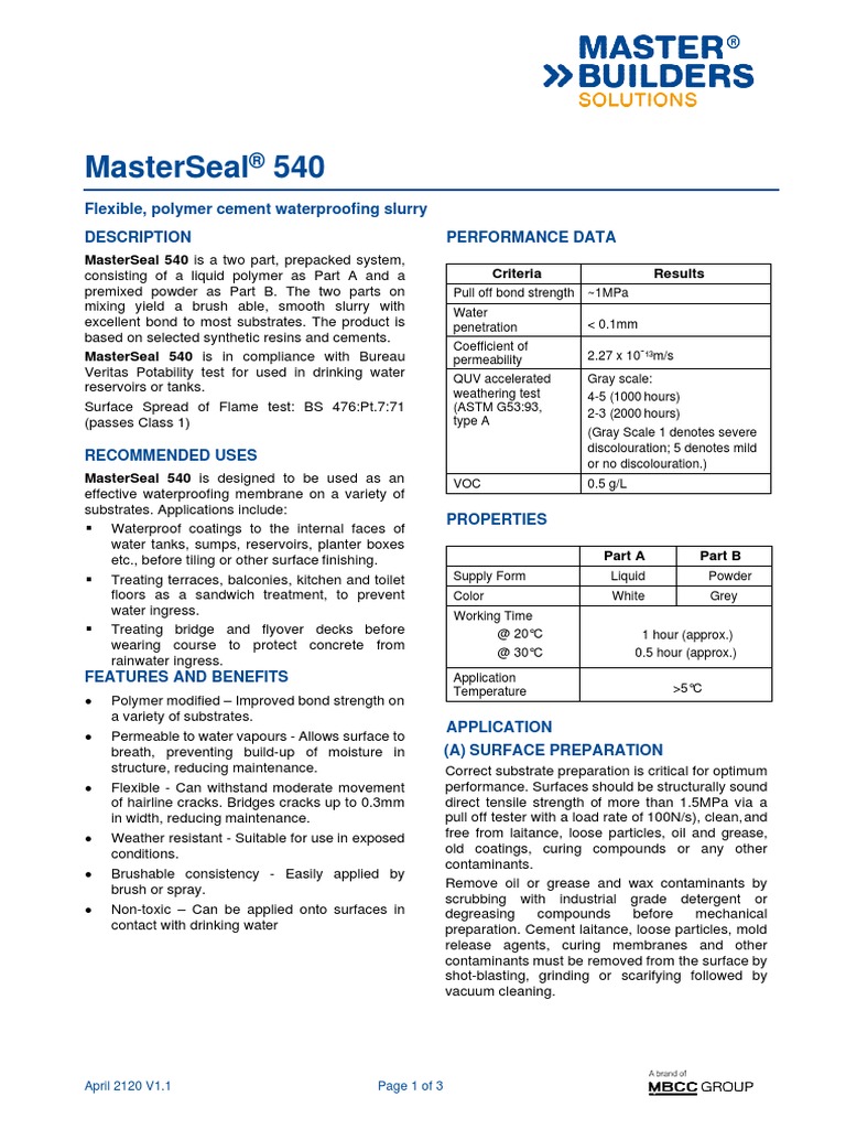 masterseal 540_map v1-0716 | PDF | Concrete | Chemical Substances
