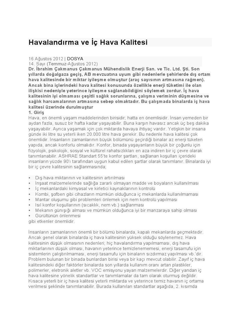Havalandırma Ve İç Hava Kalitesi | PDF