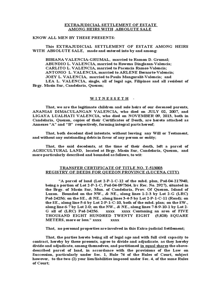Extrajudicial Estate Settlement and Sale | PDF | Property | Private Law