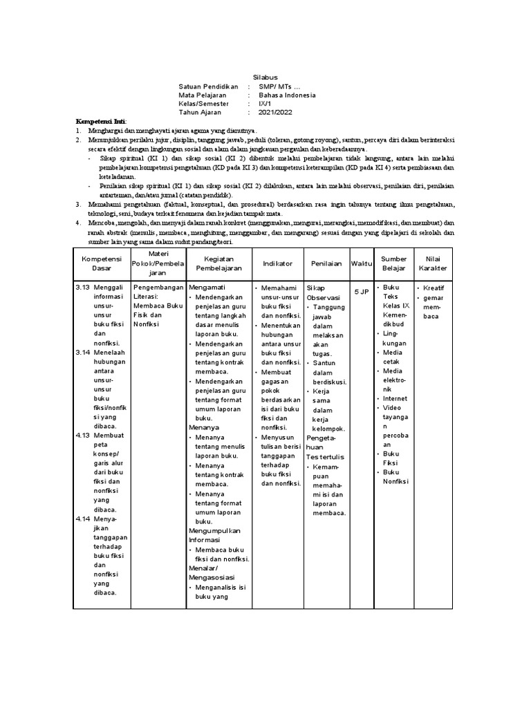 Silabus Bahasa Indonesia SMP Mts Kelas 9sm 1 2021 2022 | PDF | Seni ...