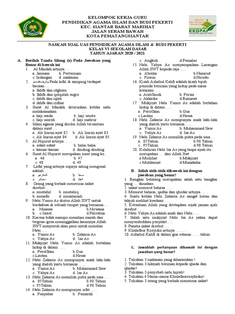 Soal Uas 2021 Kelas Vi | PDF