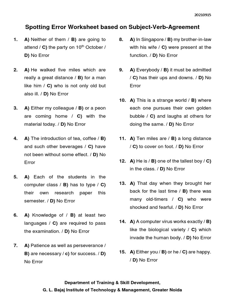 Spotting Error Worksheet Based On Subject Verb Agreement | PDF | Computers