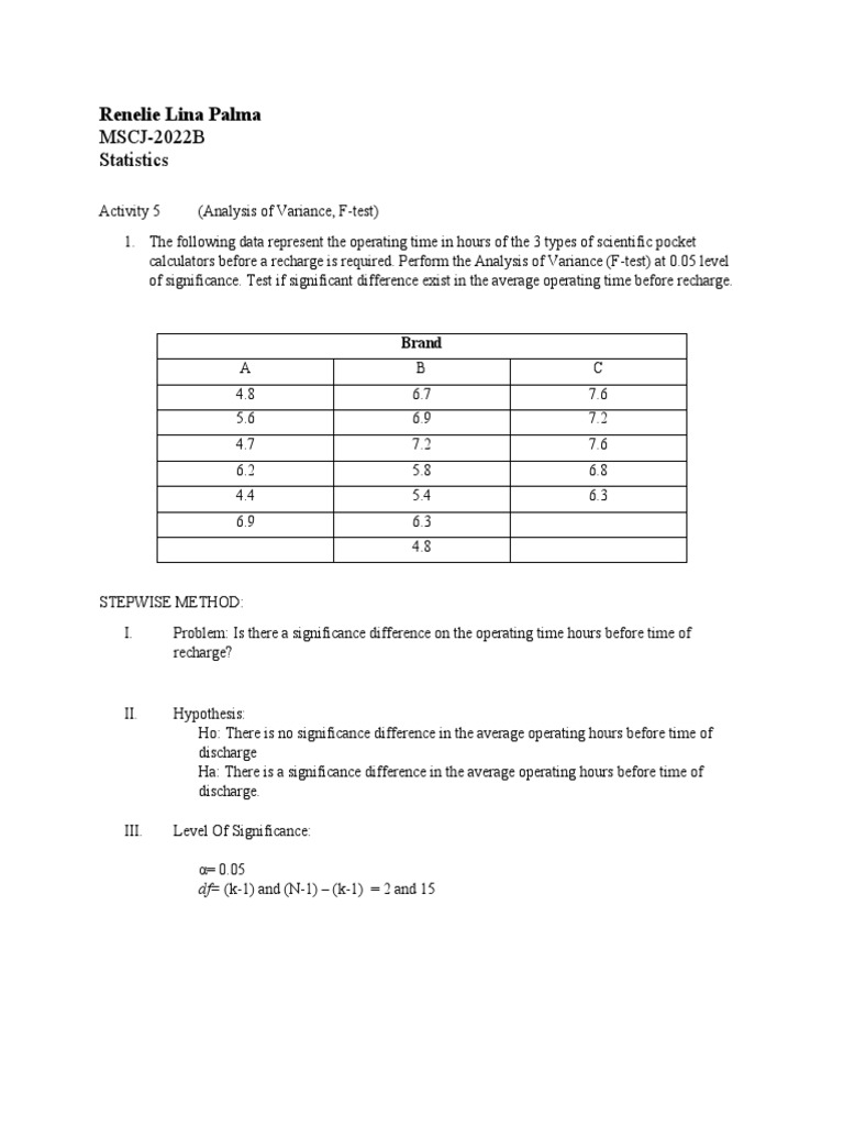 Activity 5. Answer | Download Free PDF | P Value | Analysis Of Variance