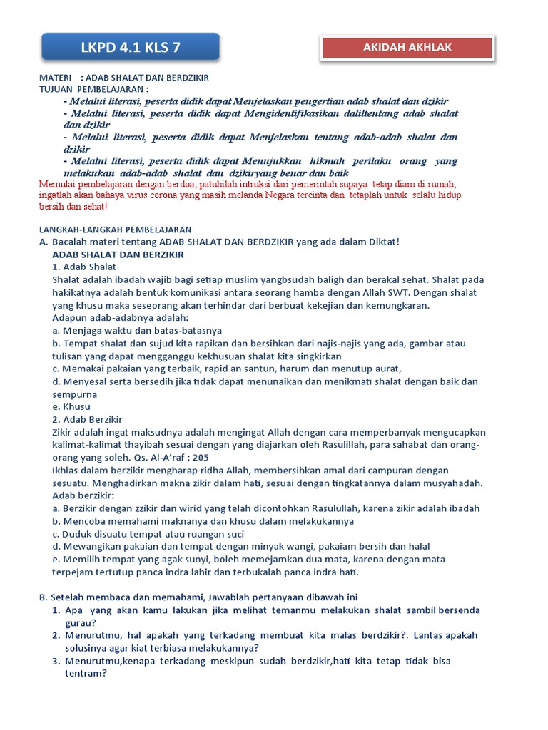 LKPD Akidah 4.1. KLS 7 | PDF