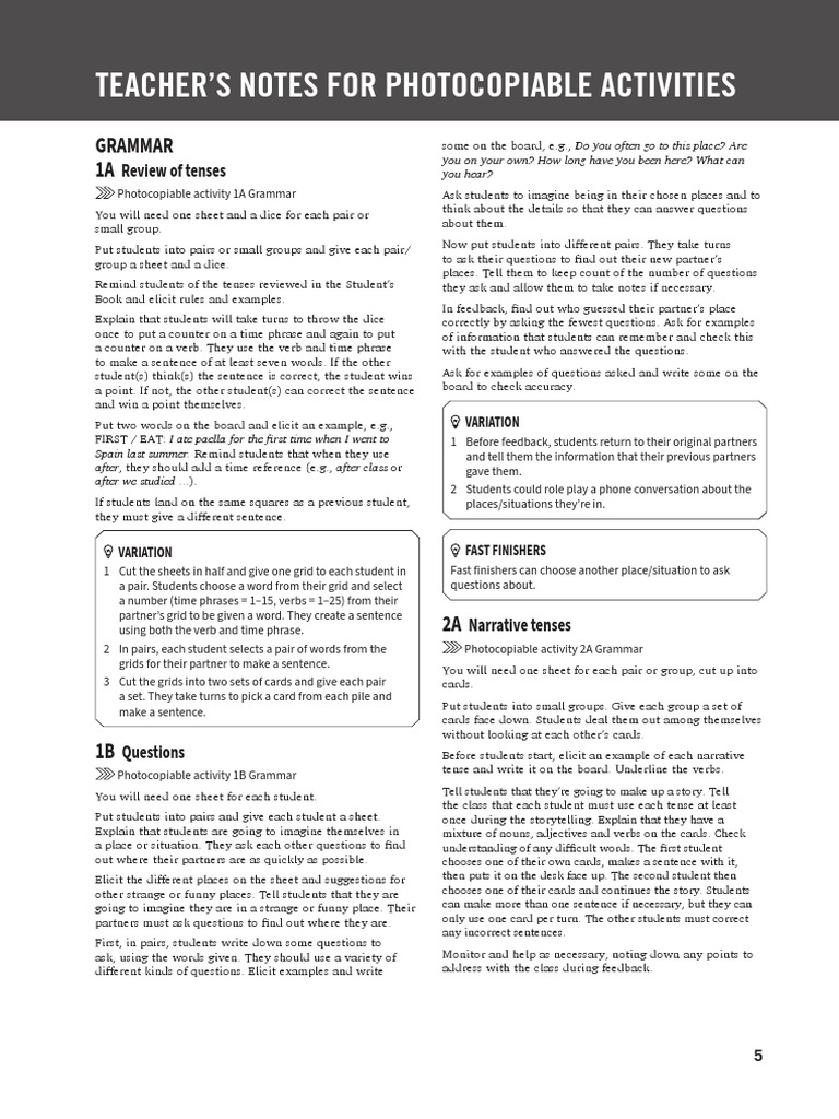 TEACHER'S NOTES FOR PHOTOCOPIABLE ACTIVITIES ON GRAMMAR EXERCISES ... TEACHER'S NOTES FOR PHOTOCOPIABLE ACTIVITIES ON GRAMMAR EXERCISES ...