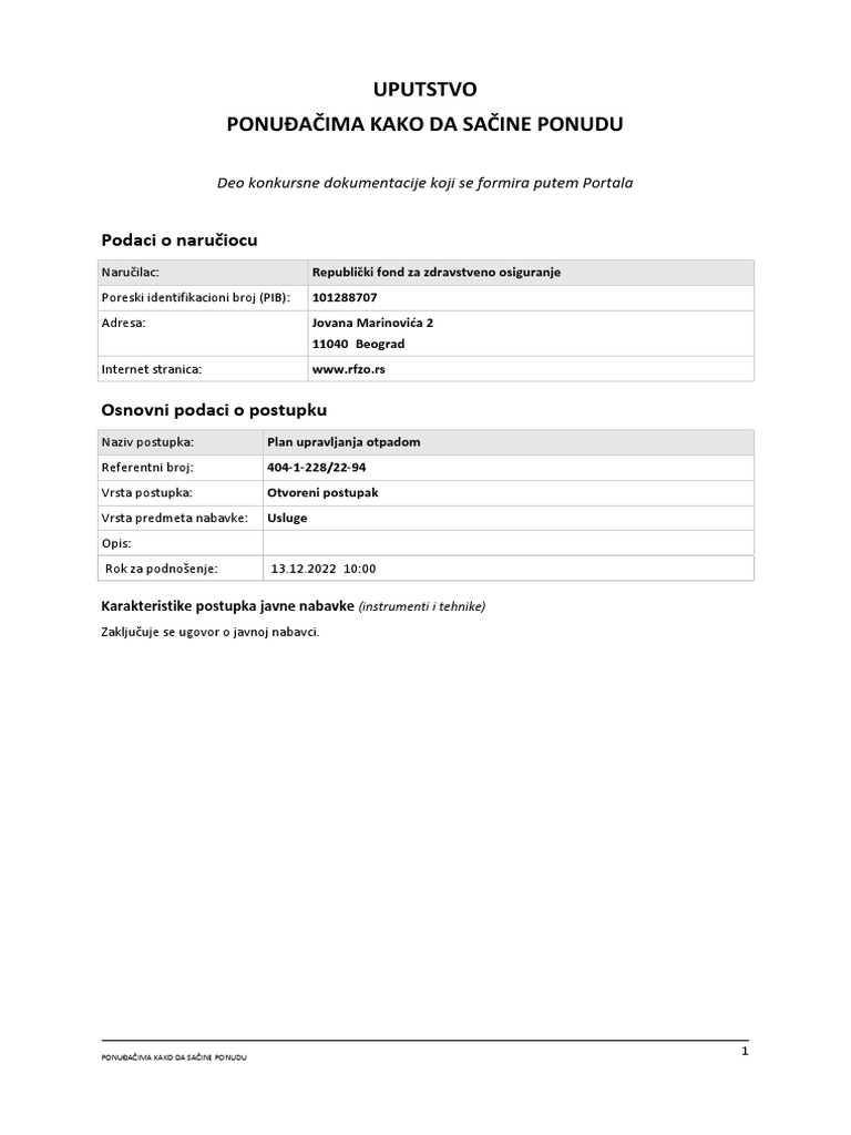 Uputstvo Ponudacima Kako Da Sacine Ponudu | PDF