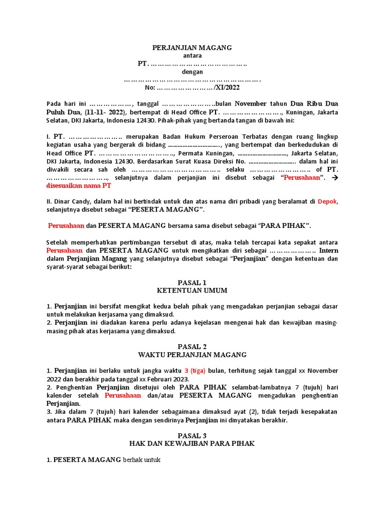 Perjanjian Magang - Template | PDF
