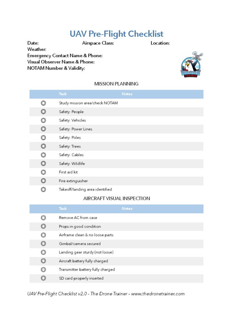 UAV Pre Flight Checklist v2.0 - The Drone Trainer | PDF | Unmanned ...