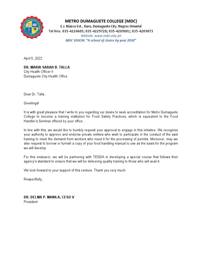 Letter of Intent - RE - Food Handlers | PDF