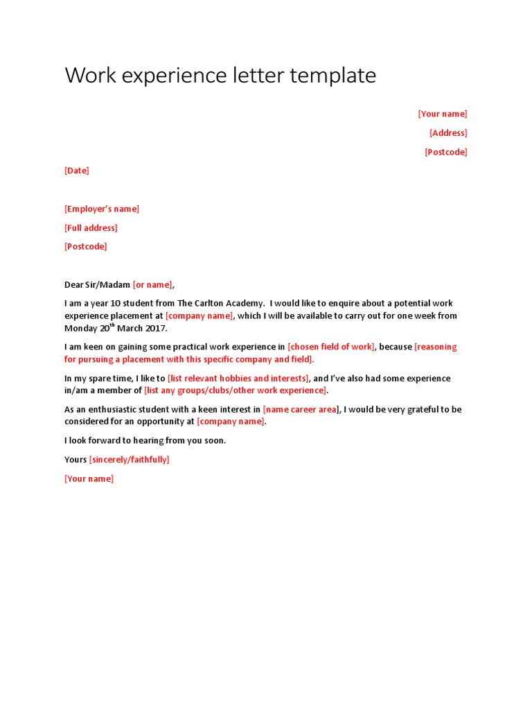 Year 10 Work Experience Letter Template | PDF