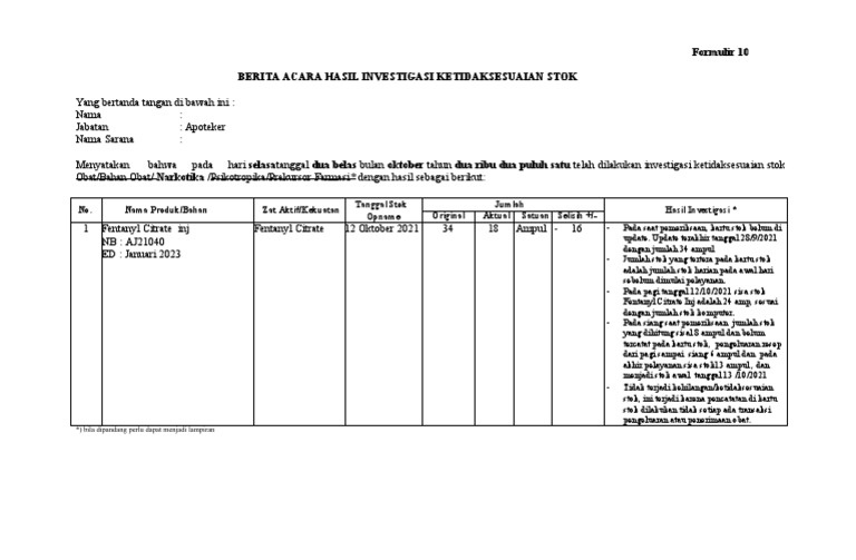 Formulir 10 BERITA ACARA INVERTIGAS SELISIH STOK OPNAME, Fix 2 | PDF