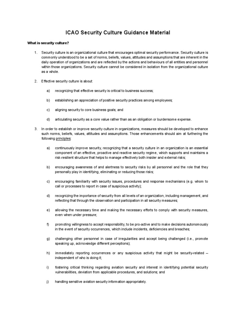 ICAO Security Culture Guidance Material | Download Free PDF | Organizational Culture | Securities