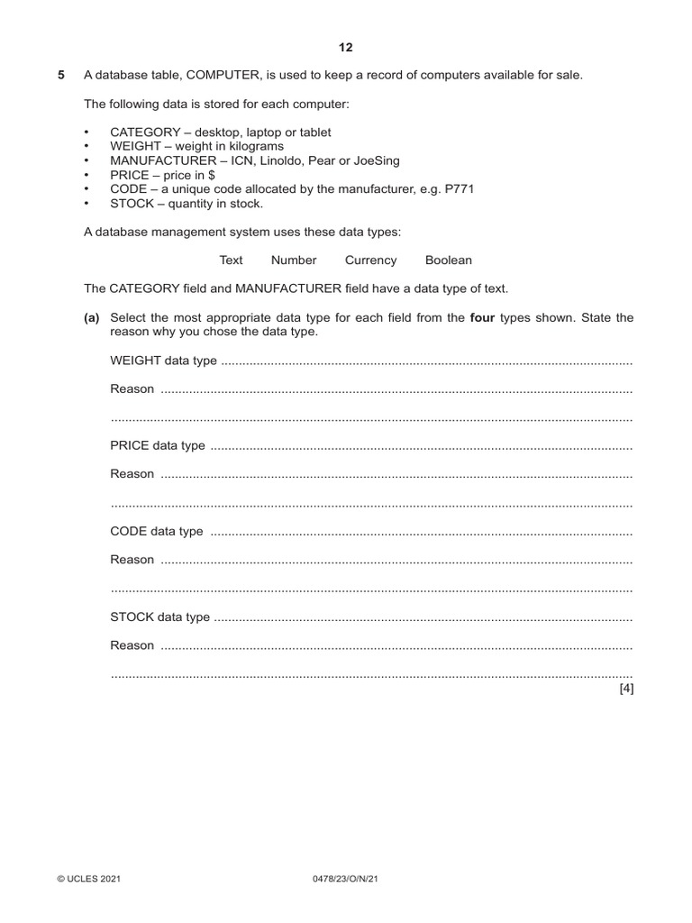 Igcse Computer Science 0478 23 Paper 2 Oct Nov 2021 Pdf Data Type Data