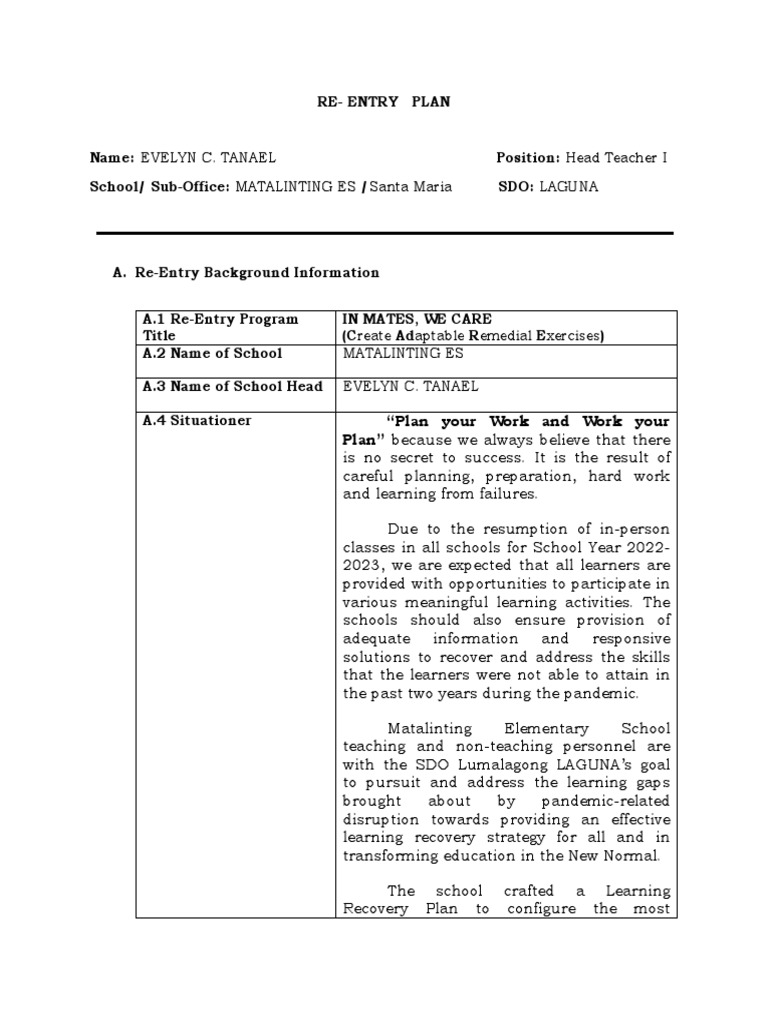 Matalinting ES Learning Recovery Plan | PDF | Teachers | Educational ...