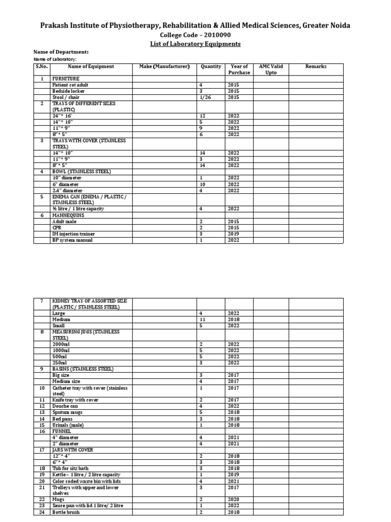 Format For Lab Equipments & Articles | PDF | Surgical Suture