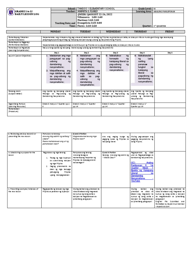 q1w1 Grade-6-Dll in AP, Tle, Esp and HRG First Quarter Week 1 | PDF