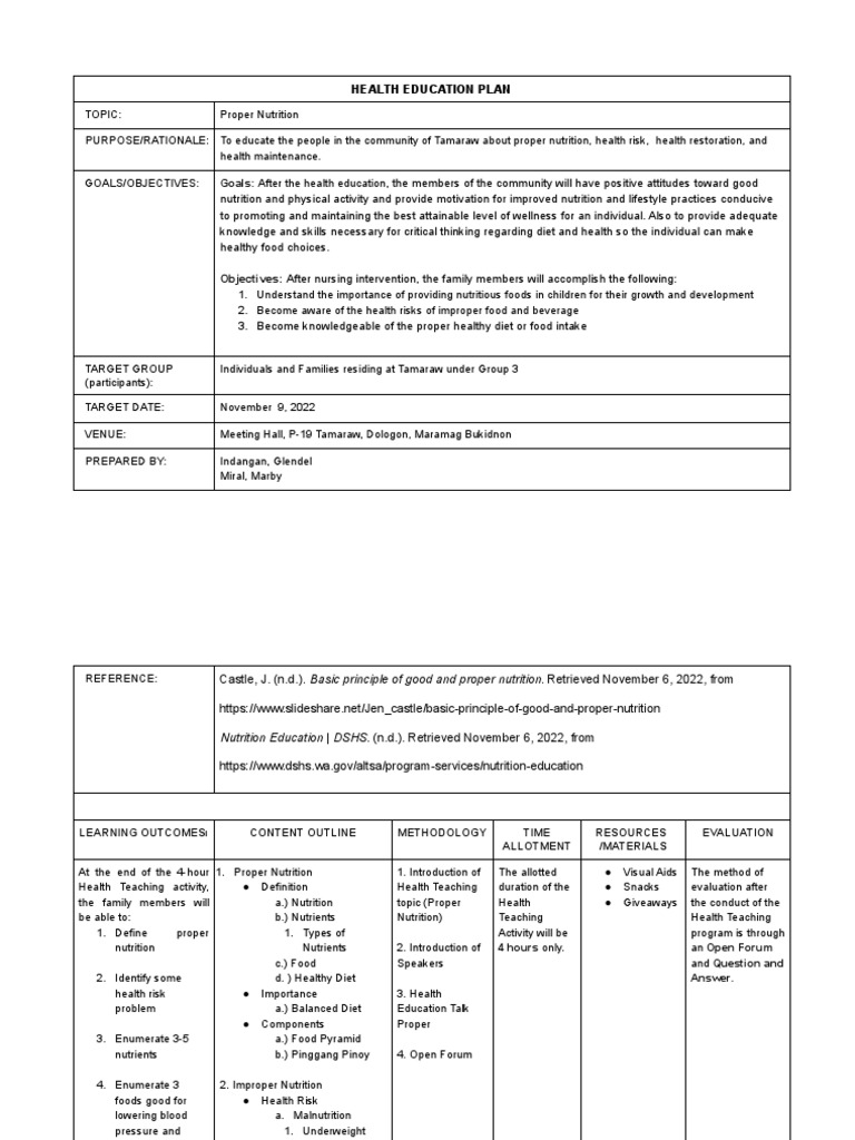 Health Education Plan - PROPER NUTRITION | PDF | Healthy Diet | Health Education