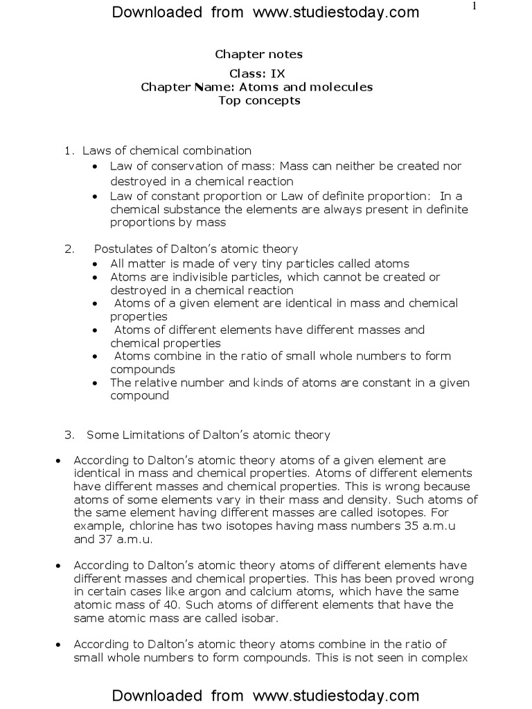 Cbse Class 9 Chemistry Atoms Molecules Notes Pdf Mole Unit