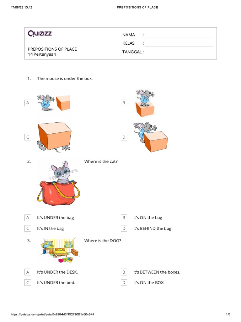 Prepositions of Place Quiz | PDF