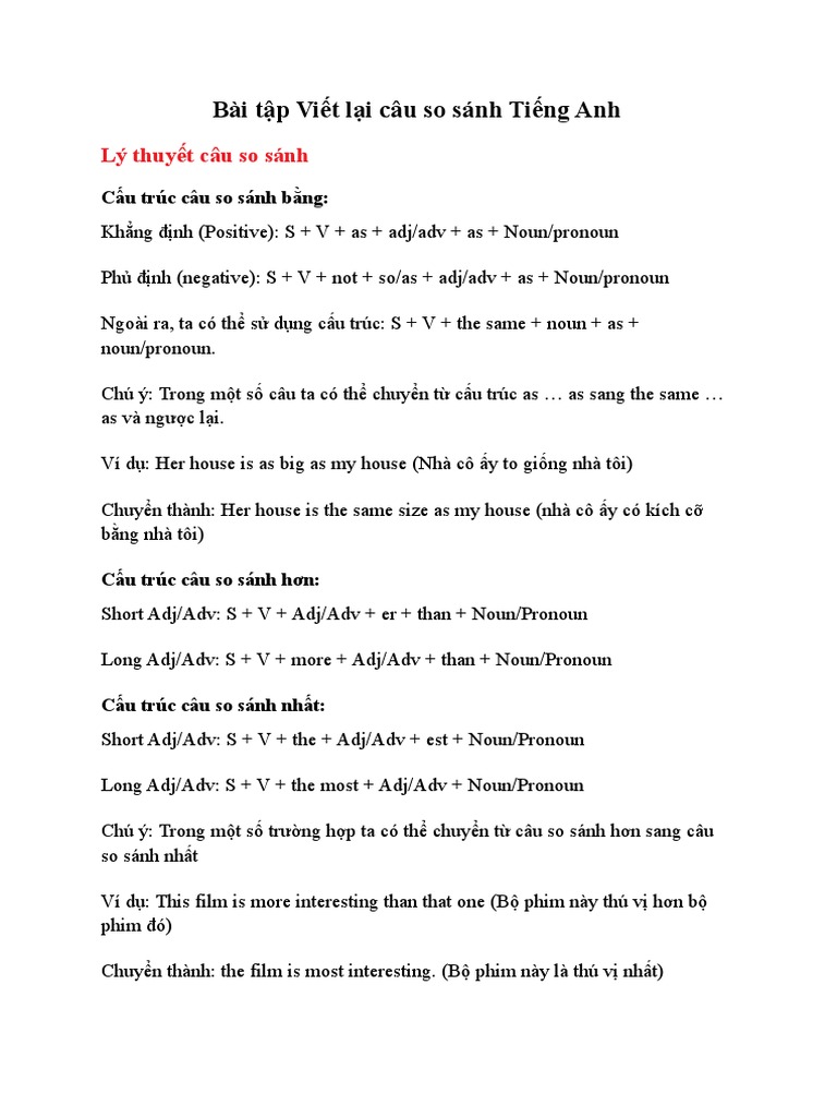 50 Bai Tap Viet Lai Cau So Sanh Tieng Anh Co Dap An Chi Tiet | PDF