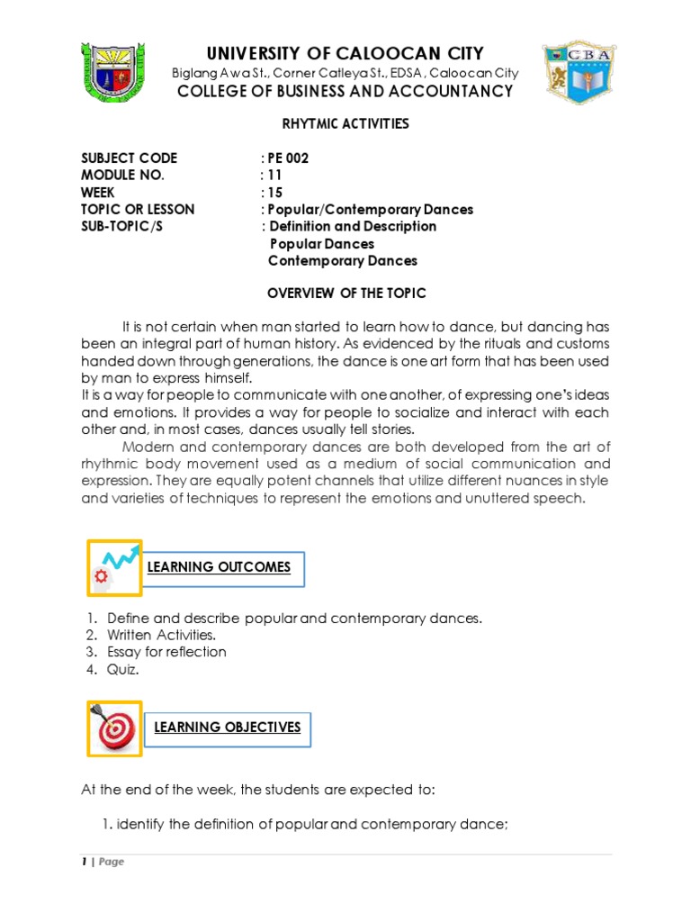 CBA Module 11 Week 15 PE 002 Contemporary Dances | PDF | Dances | Dance Pop