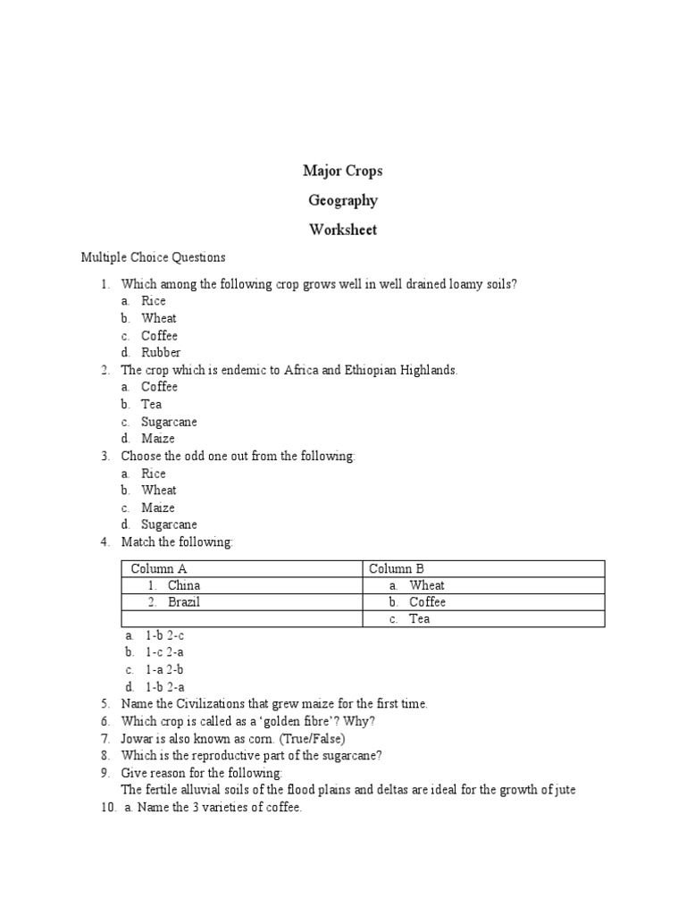 Major Crops - Worksheet | PDF