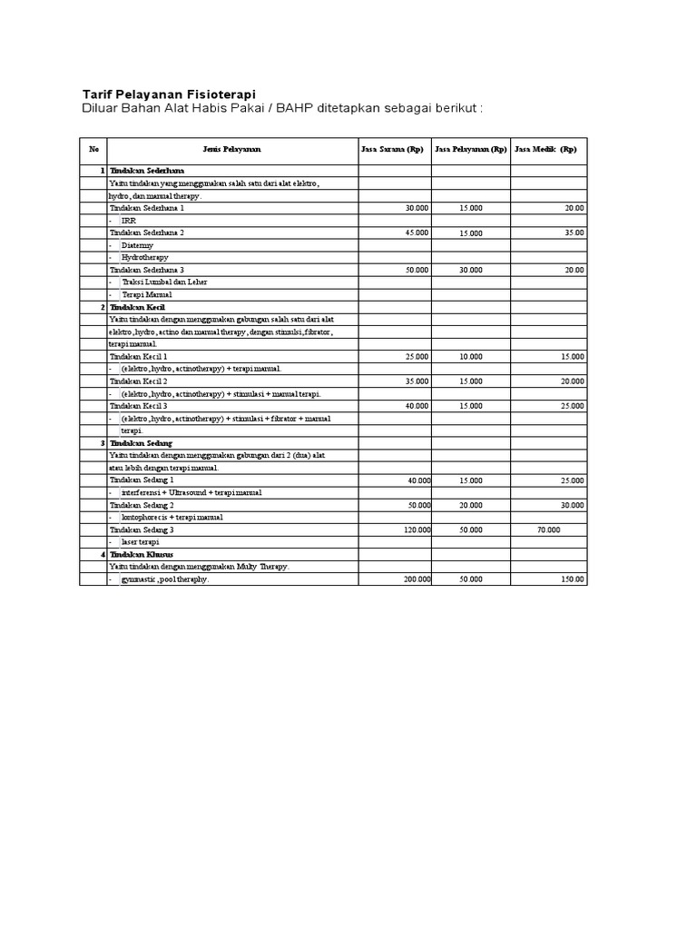 Tarif Pelayanan Fisioterapi | PDF