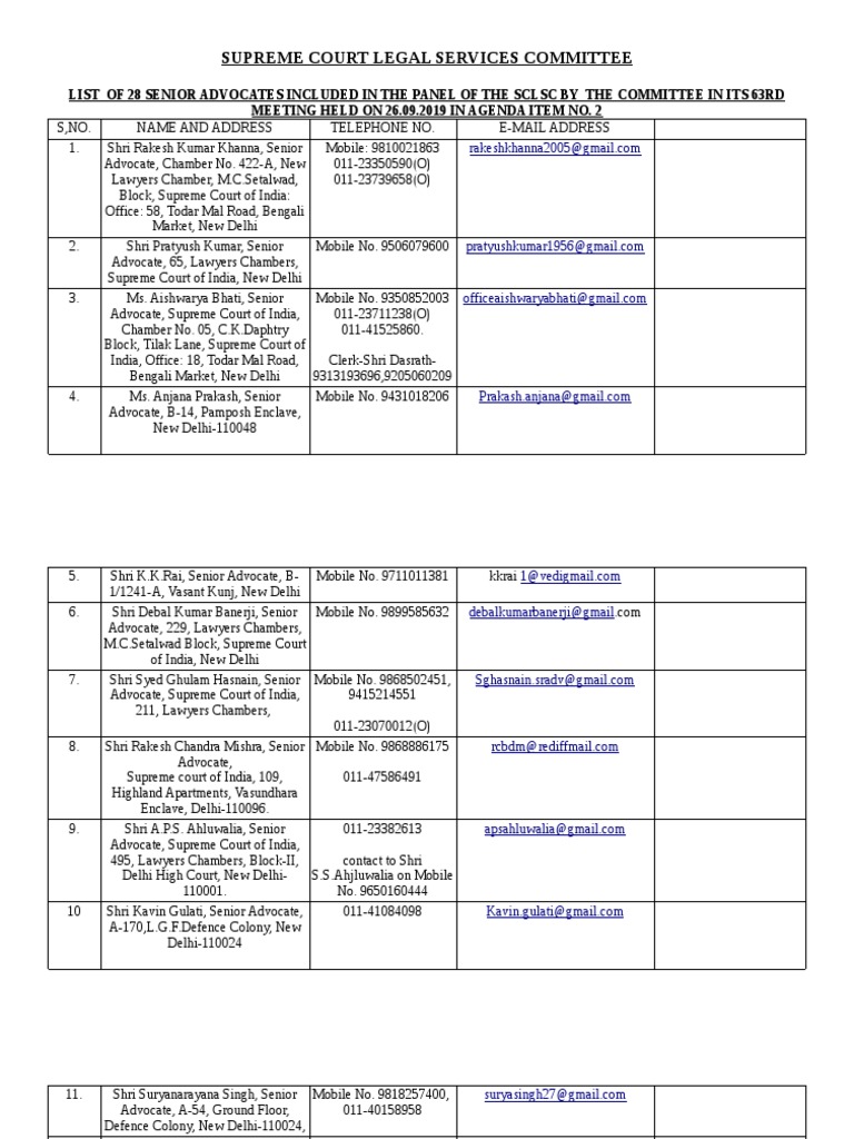 Senior Advocates Panel List - SCLSC | PDF | Advocate | Jurists