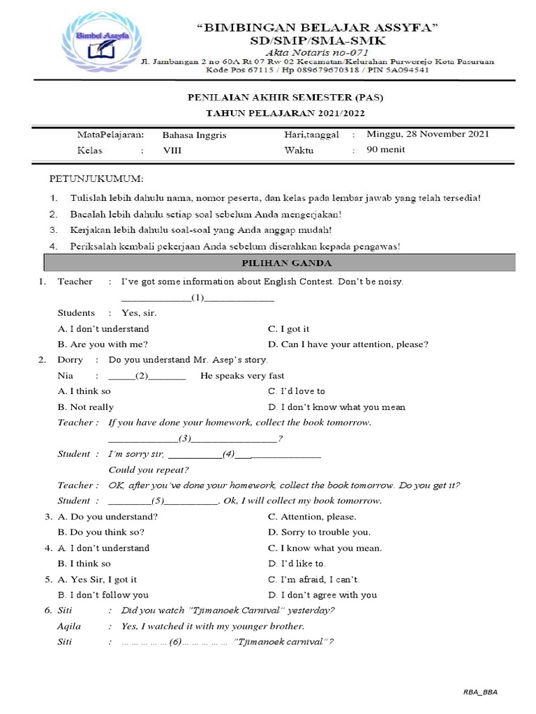 Latihan Soal PAS B Ing Kelas 8 K13 Semes | PDF | Libraries | Food And Drink