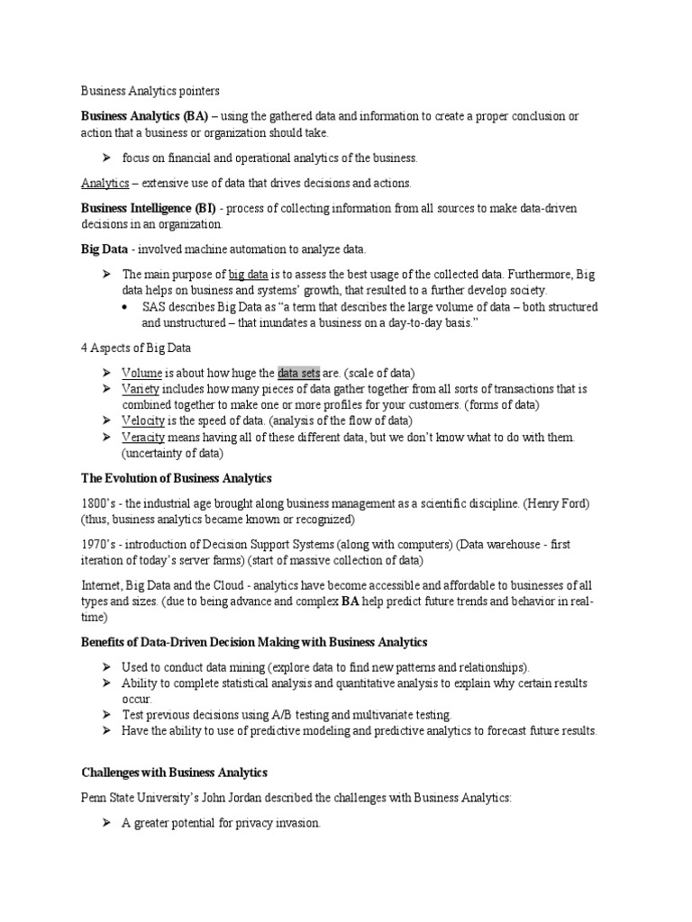 Business Analytics Pointers | PDF | Analytics | Big Data
