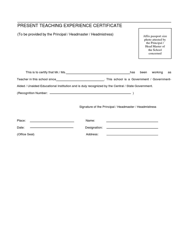 Present Teaching Experience Certificate Format | PDF