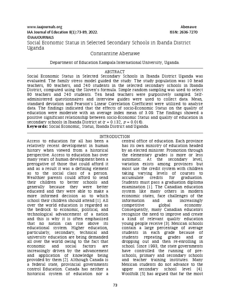 Social Economic Status in Selected Secondary Schools in Ibanda District ...