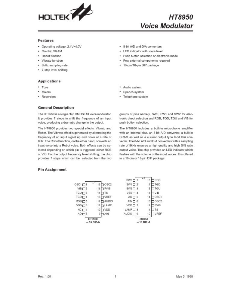 HT8950 Voice Modulator: Features | PDF | Analog To Digital Converter ...