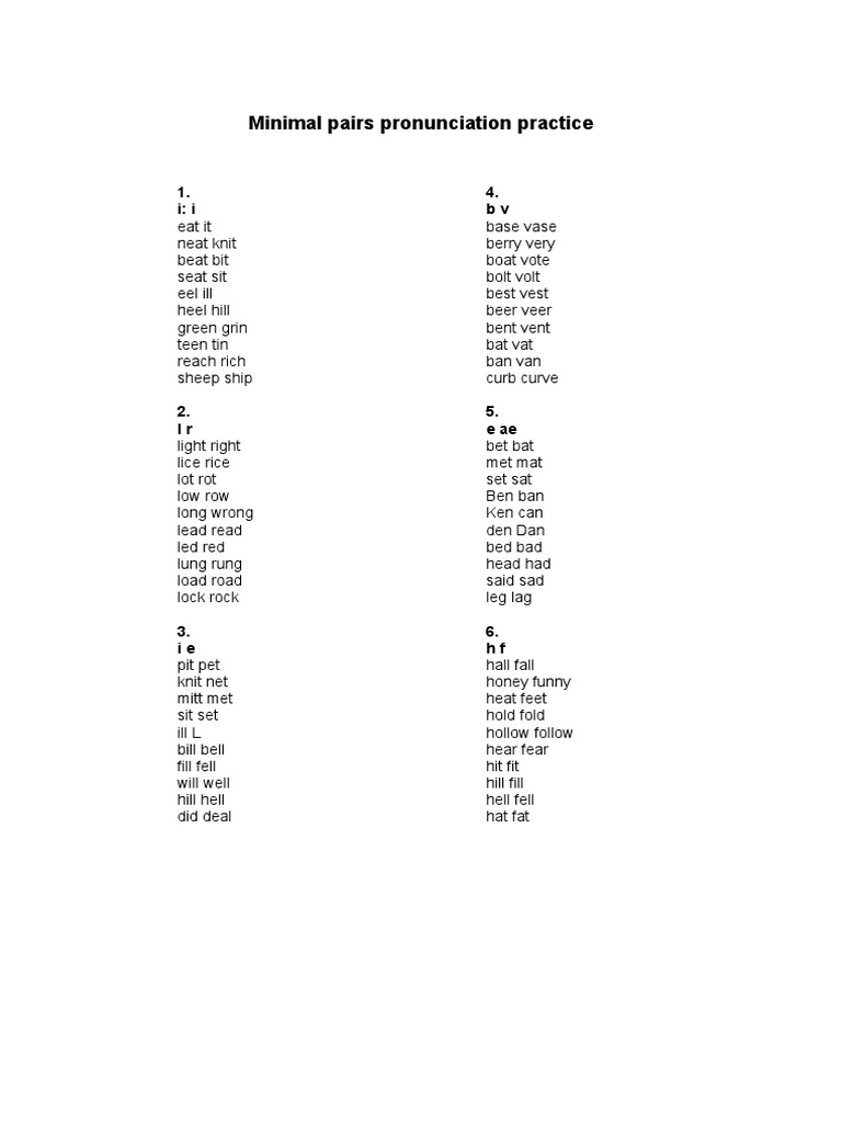 Minimal Pairs Pronunciation Practice | PDF | Language Arts & Discipline ...