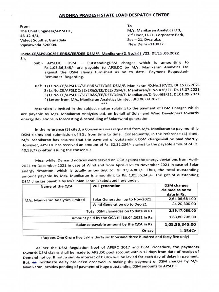 Letter From APSLDC For DSM Payment | PDF
