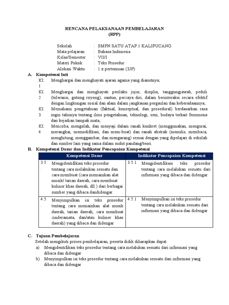 RPP BAHASA INDONESIA Kelas 7 Pertemuan 1 | PDF | Karier & Perkembangan
