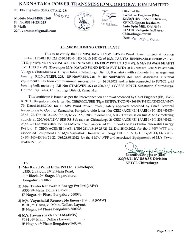 Commissioning Certificate For 12 MW Chitradurga | PDF | Sustainable ...