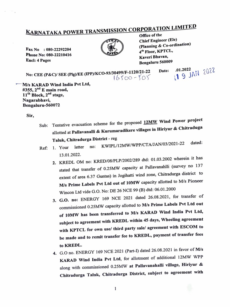 KWIPL 12MW WPP Tentative Evacuation KPTCL Approval Letter | PDF ...