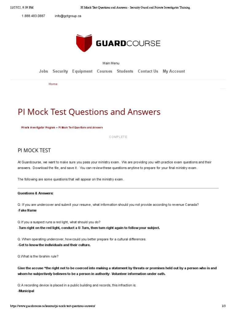 PI Mock Test Questions and Answers - Security Guard and Private ...