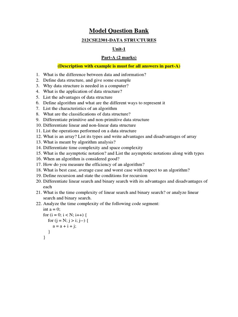 Data Structures Question Bank Unit 1 | PDF | Algorithms | Time Complexity