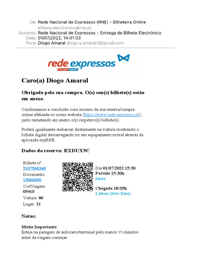 Rede Nacional de Expressos Entrega de Bilhete Electrónico 2 | PDF