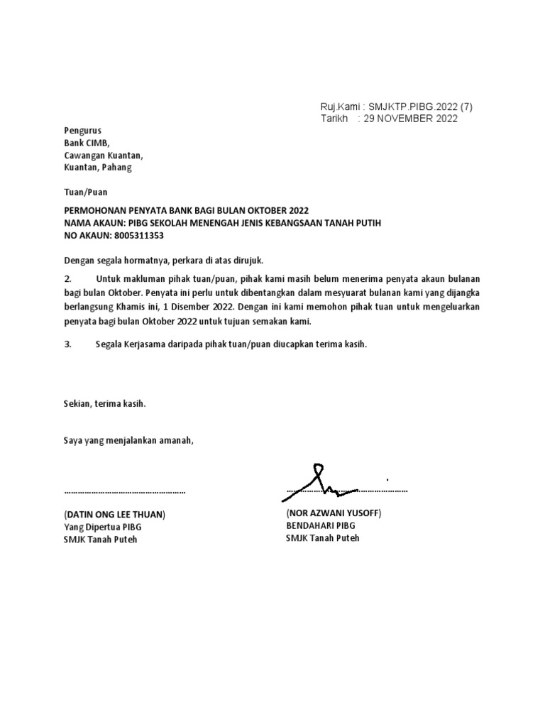 Surat Permohonan Penyata Bank | PDF