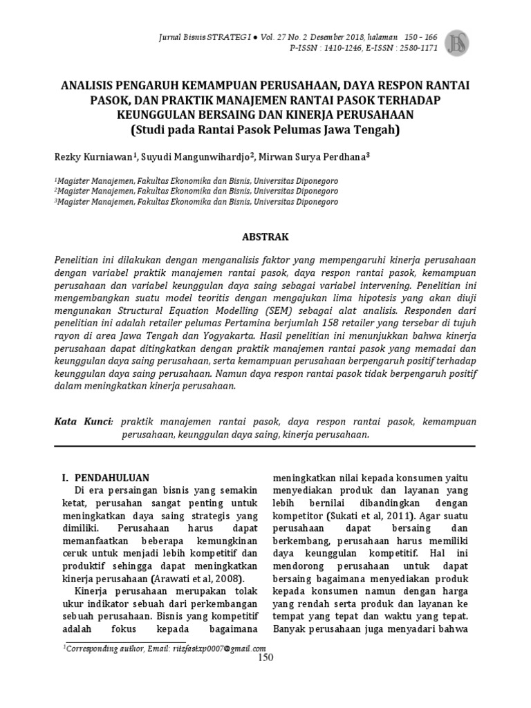 Jurnal Bisnis Strategi - ANALISIS PENGARUH KEMAMPUAN PERUSAHAAN, DAYA RESPON RANTAI PASOK, DAN ...